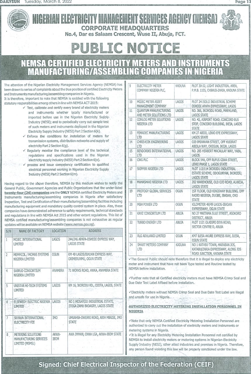NEMSA CERTIFIED ELECTRICITY METERS AND INSTRUMENTS MANUFACTURING ...